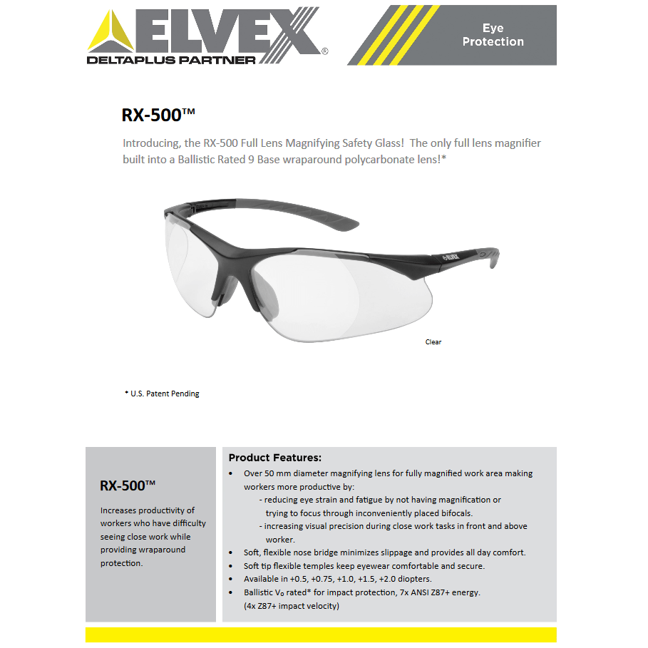 Delta Plus Rx-500C Safety Glasses Clear Full Lens Magnifier